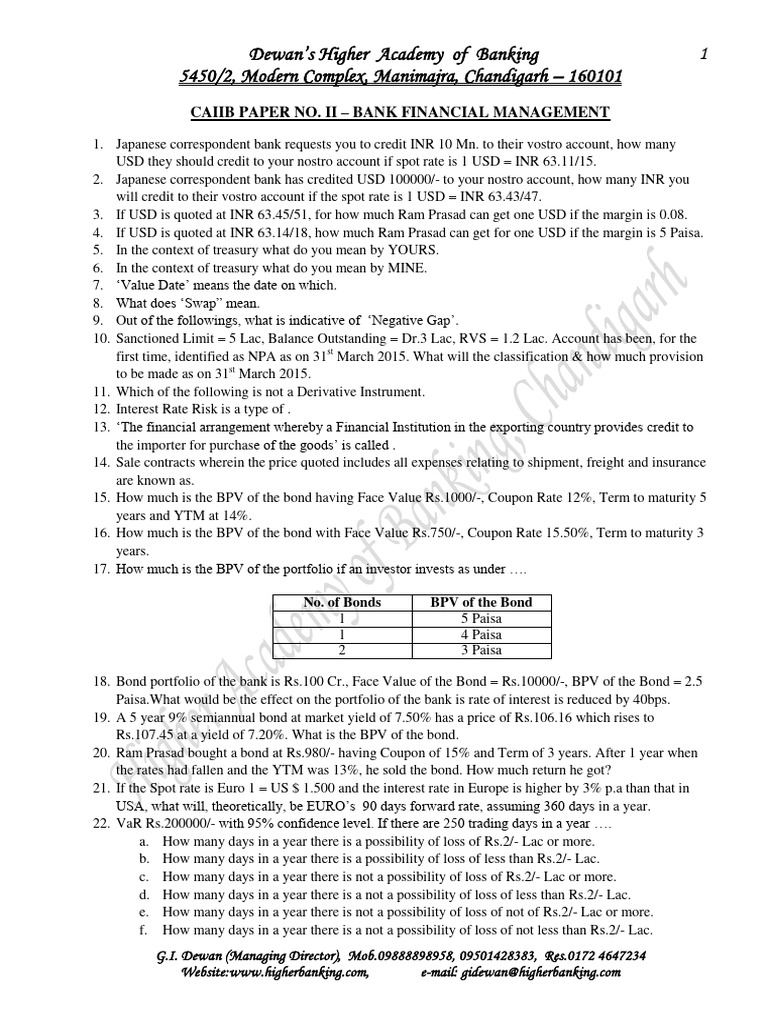 Caiib - BFM - Sample Questions | PDF | Bonds (Finance) | Yield (Finance) Caiib - BFM - Sample Questions | PDF | Bonds (Finance) | Yield (Finance)