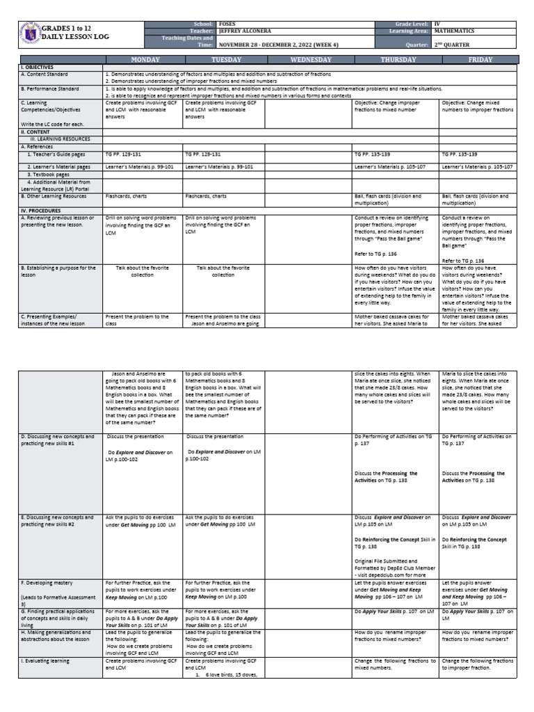 DLL - Mathematics 4 - Q2 - W4 | PDF | Flashcard | Behavior Modification