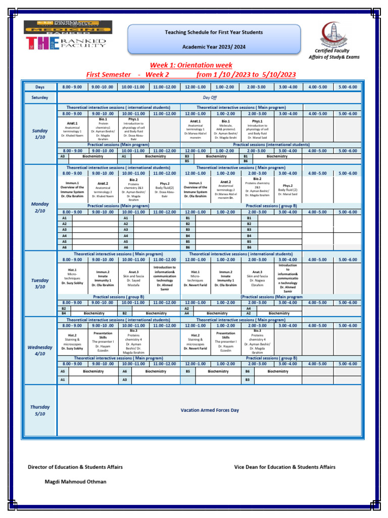 Year One Semester One Schedule 2023-2024 | PDF | Anatomy | Biotechnology