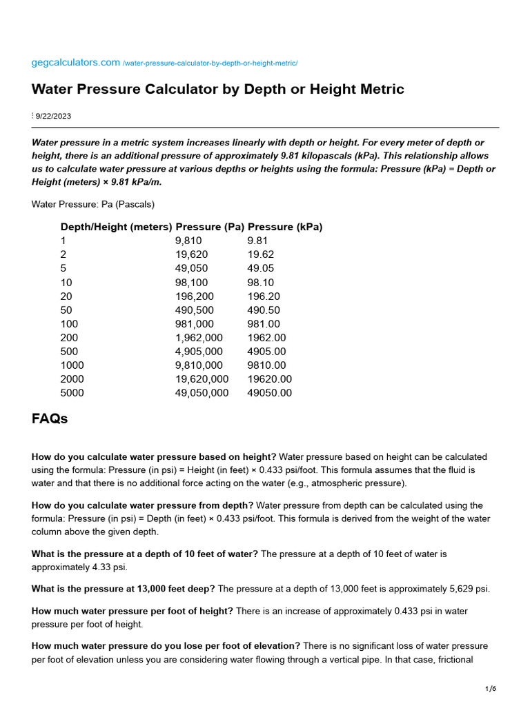 Water Pressure Calculator by Depth or Height Metric | PDF | Pressure ...