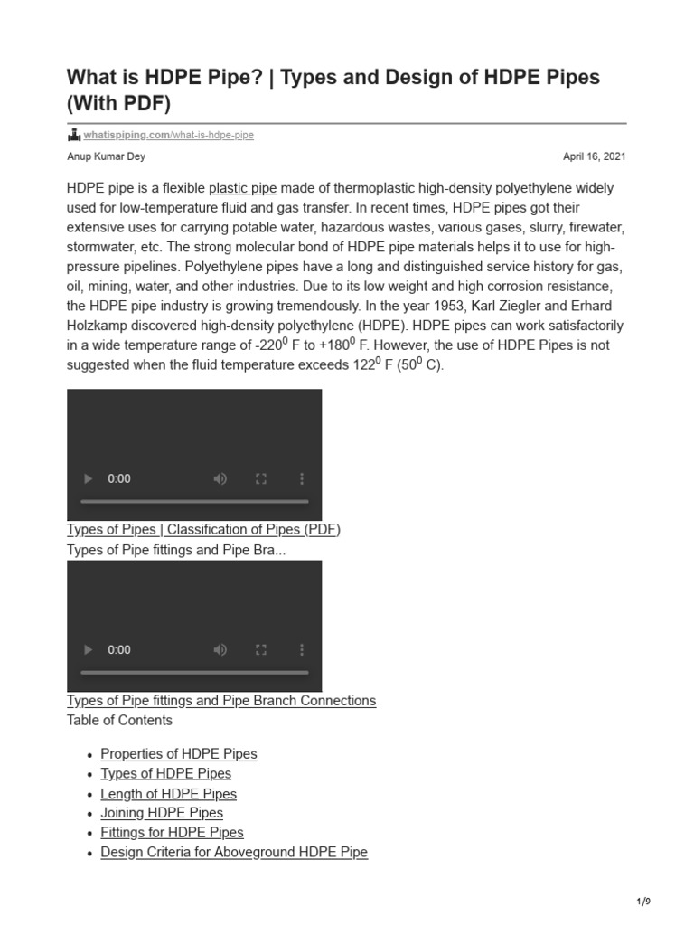 HDPE Pipe Types and Specifications Guide | PDF | Pipe (Fluid Conveyance ...