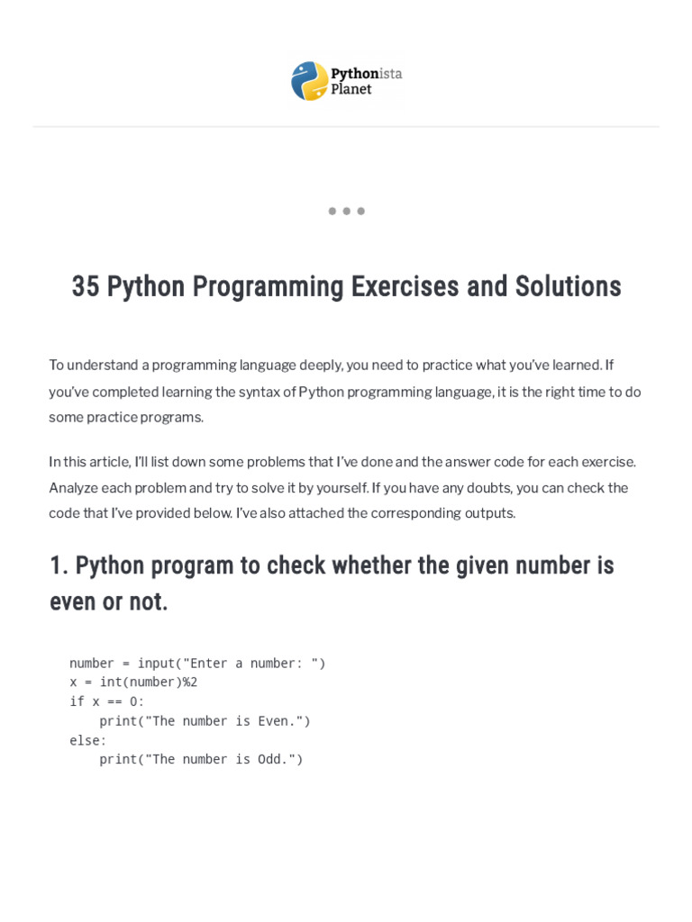 35 Python Programming Exercises And Solutions Pythonista Planet