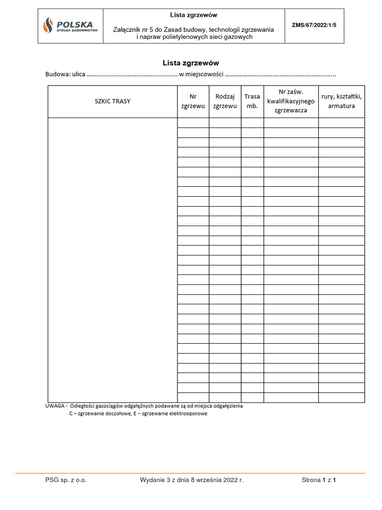 Załącznik NR 5 Lista Zgrzewów | PDF