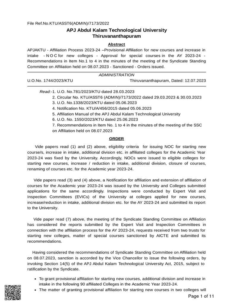 APJAKTU Affiliation Orders 2023-24 | PDF