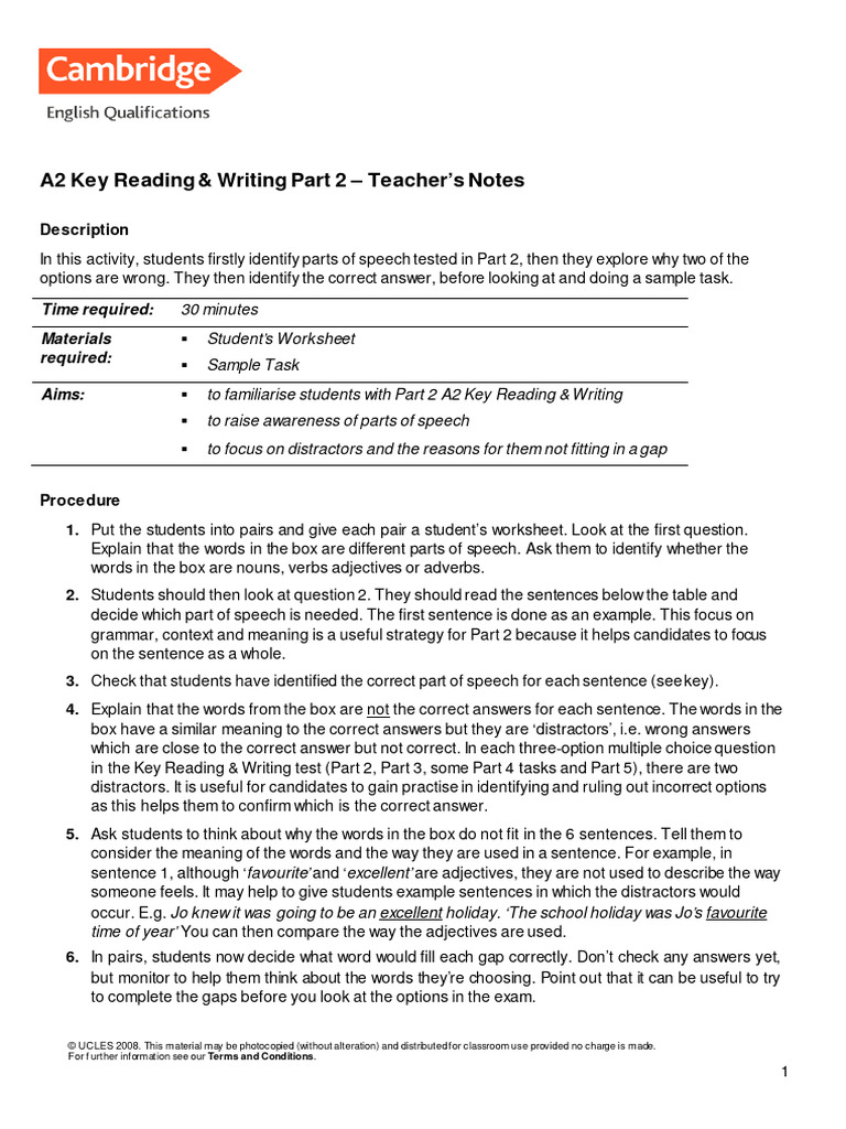 A2 Key Reading & Writing Part 2 | PDF | Part Of Speech | Adverb