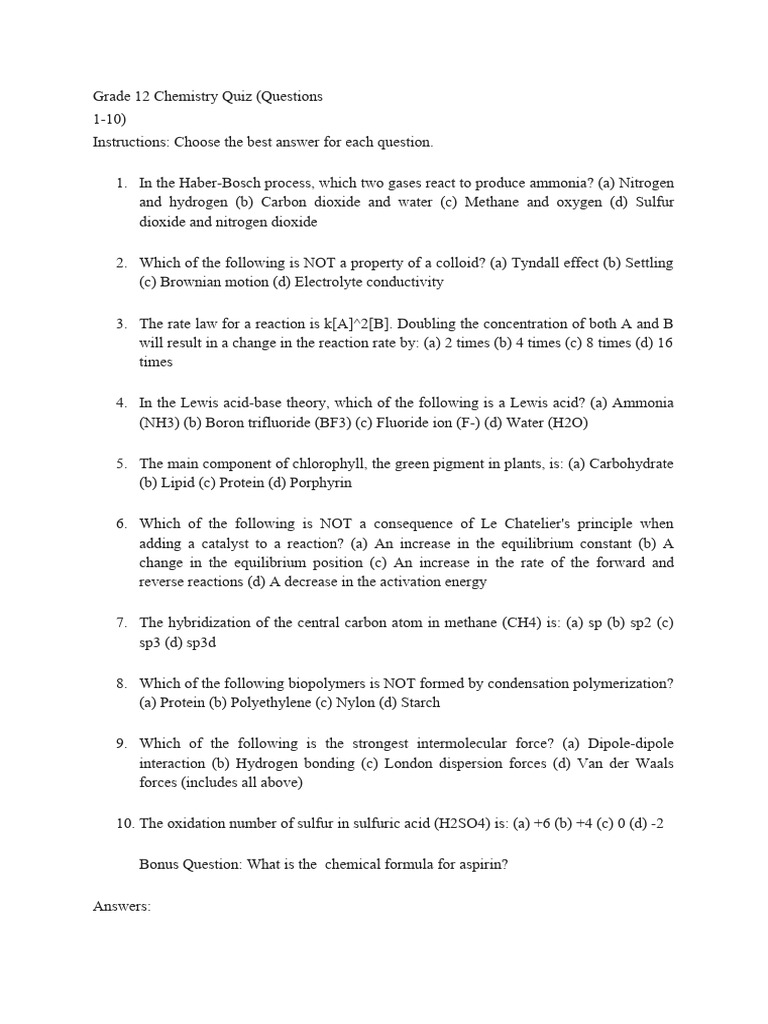 Grade 12 Chemistry Quiz 1-10 | PDF