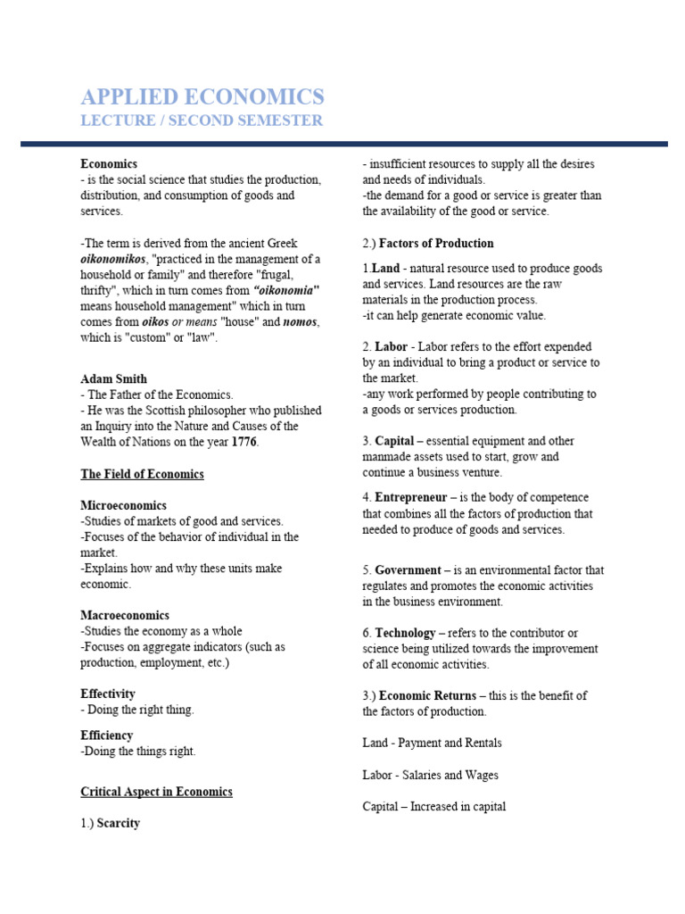 Applied Economics W1 | PDF | Economics | Factors Of Production