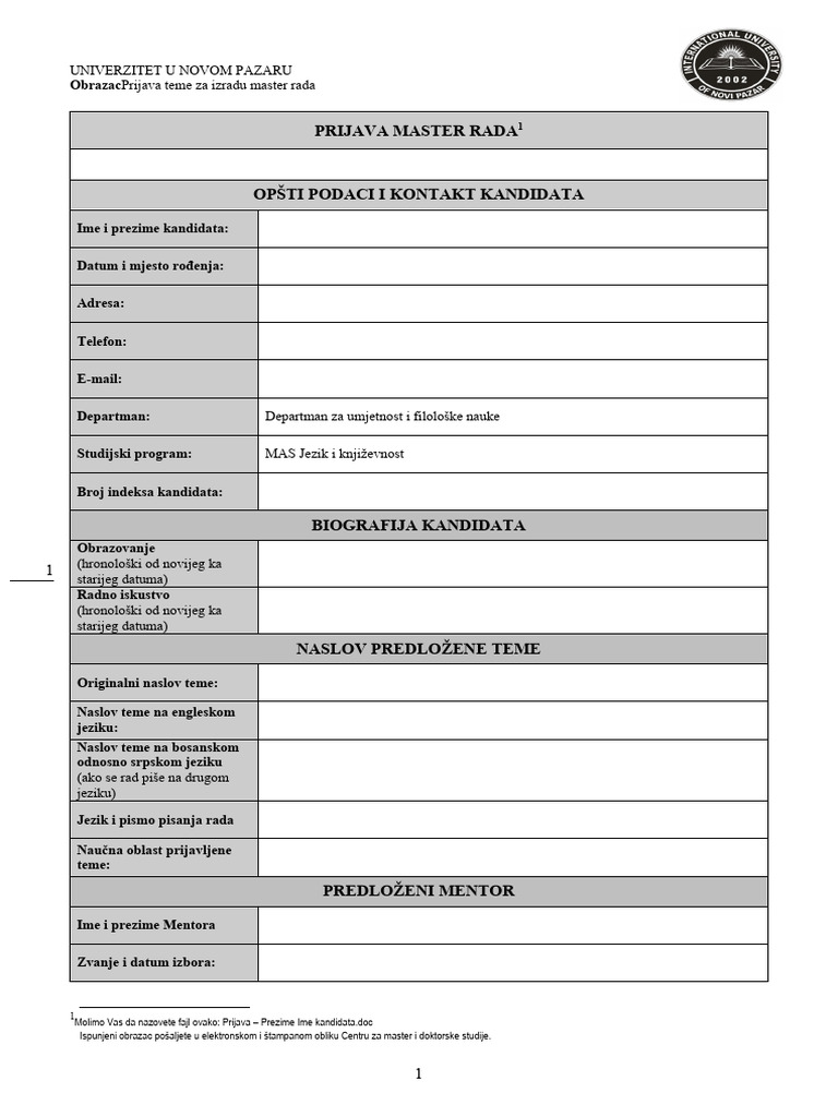 Nacrt Master Rada, Obrazac | PDF