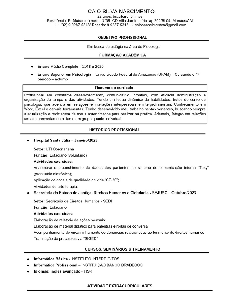 Currículo V. Caio Nascimento - Atualizado Dez 2023 | PDF | Psicologia