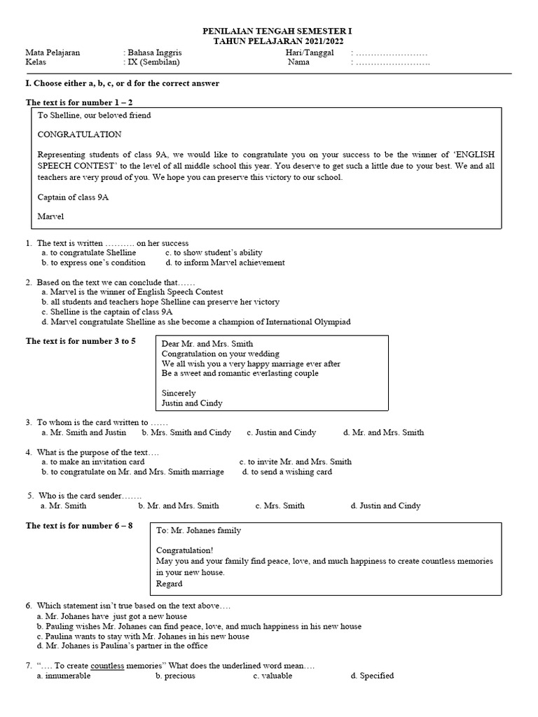 Soal PTS Bahasa Inggris Kelas 9 Semester 1... | PDF | Food And Drink | Foods