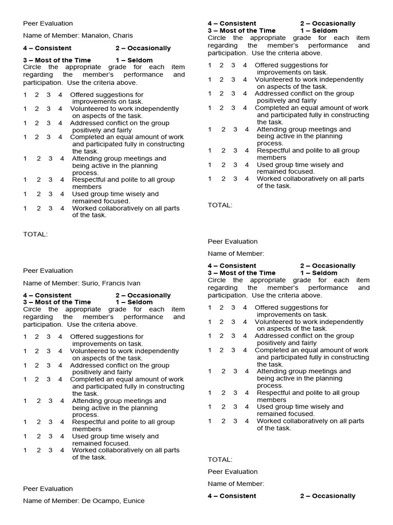Peer Evaluation For Performance Tasks | PDF | Evaluation | Cognition