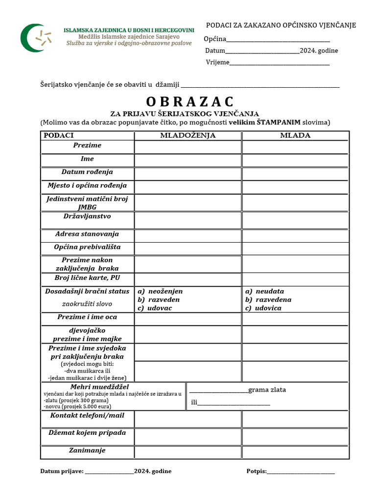 Prijava Serijatskog Vjencanja 2024 | PDF