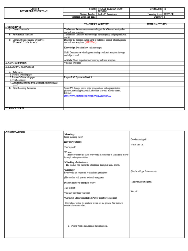 Final Lesson Plan in Science 6 GD | PDF | Volcano | Types Of Volcanic ...