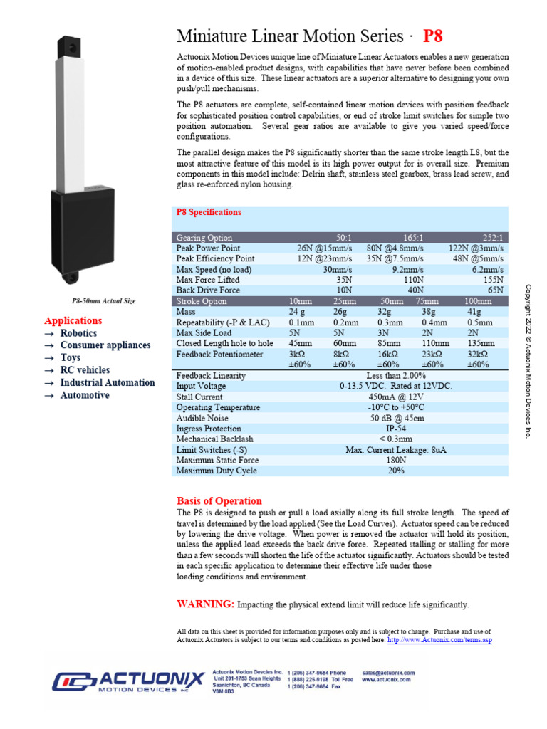 Actuonix P8 Datasheet | PDF