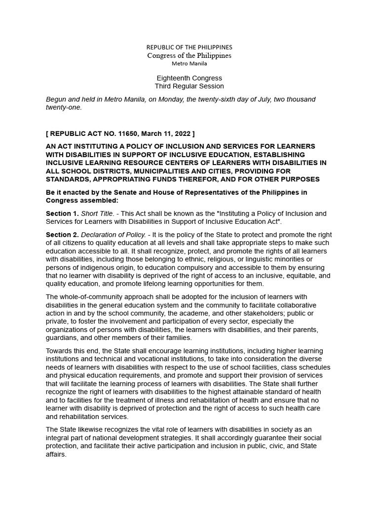 RA11650 Inclusive Education | PDF | Individualized Education Program ...