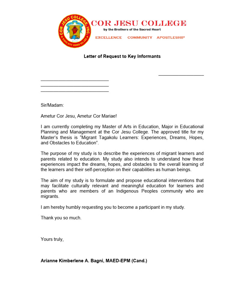 Letter of Request To Key Informants | PDF | Learning | Informed Consent