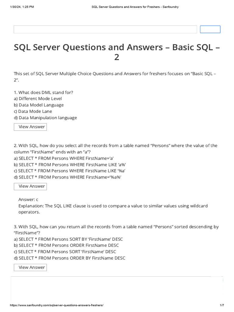 SQL Server Questions and Answers For Freshers - Sanfoundry | PDF ...
