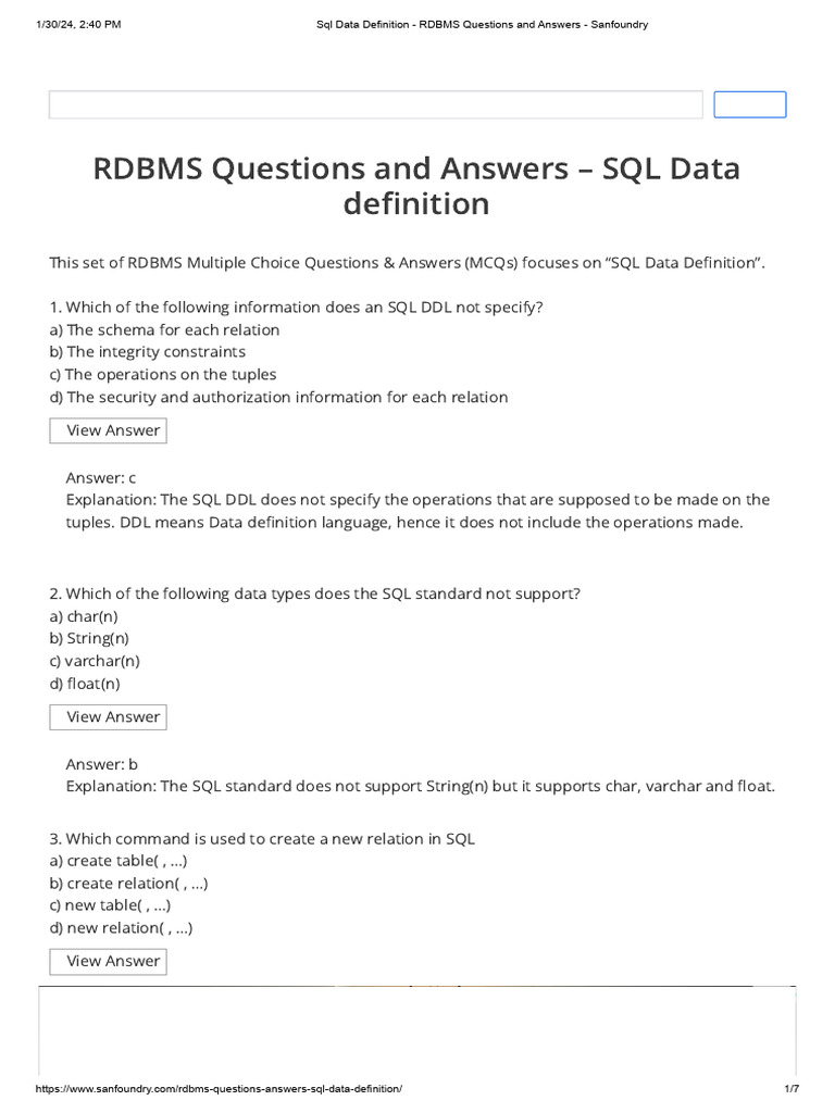 Sql Data Definition Rdbms Questions And Answers Sanfoundry 1918