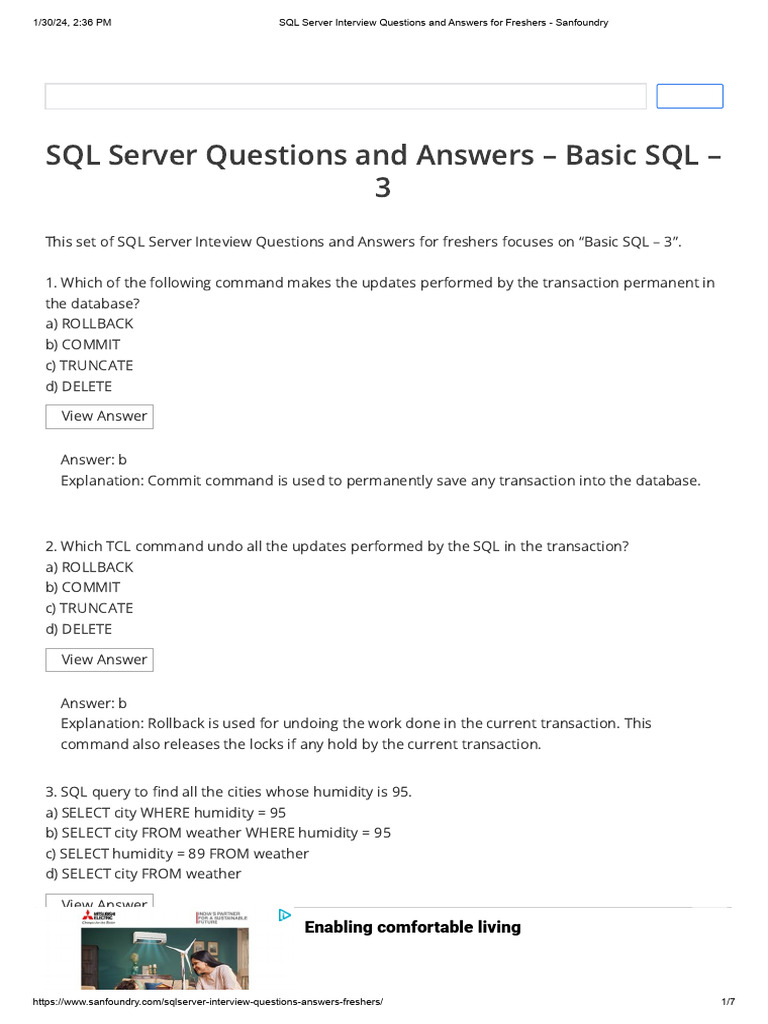 SQL Server Interview Questions and Answers For Freshers - Sanfoundry ...