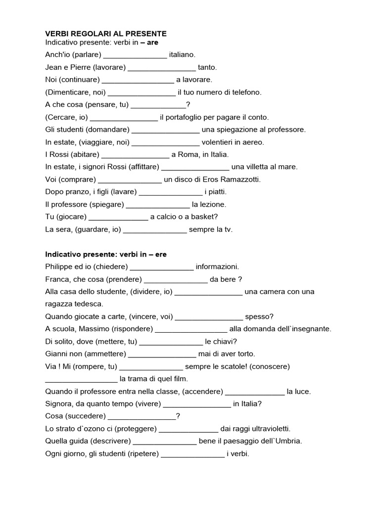 Presente Verbi Regolari Esercizi | PDF