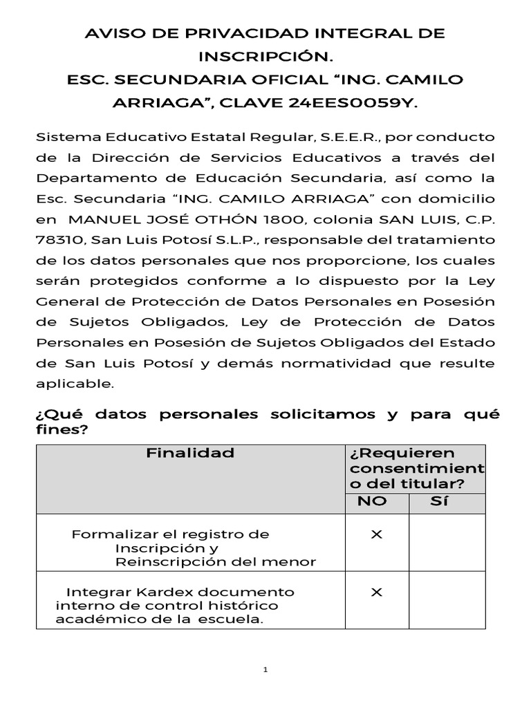 1.4.desec - Inscrpcion Esc. Ing. Camilo Arriaga Clave 24ees0059y | PDF
