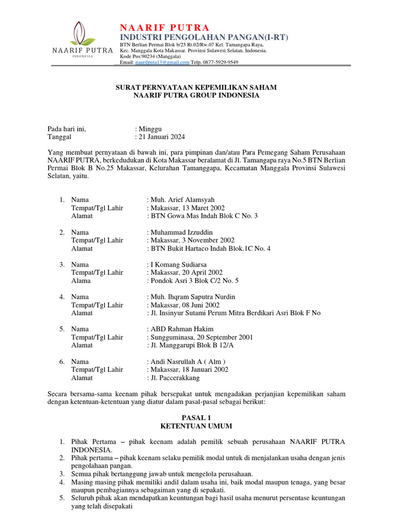 Surat Pernyataan Kepemilikan Saham | PDF