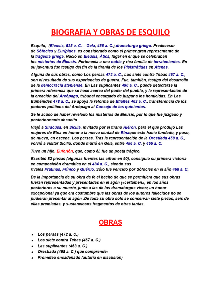 Biografia y Obras de Esquilo | PDF | Aristófanes | Esquilo