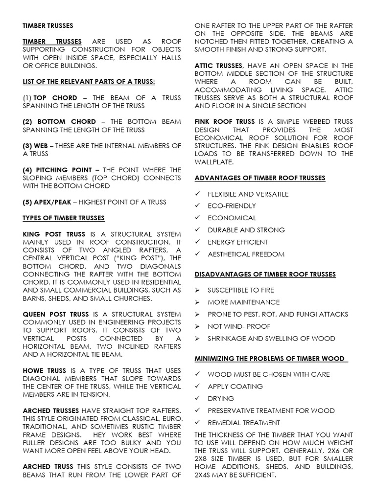 Timber Trusses Handoutdocx Pdf Truss Building