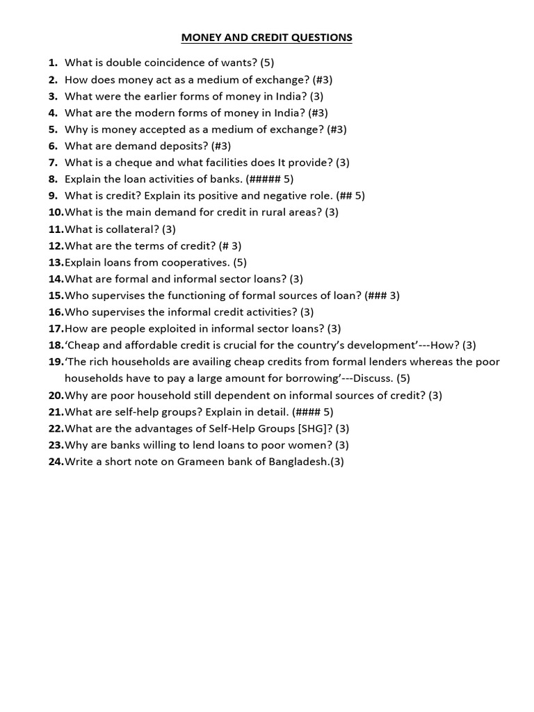 Money and Credit Questions | PDF | Finance & Money Management