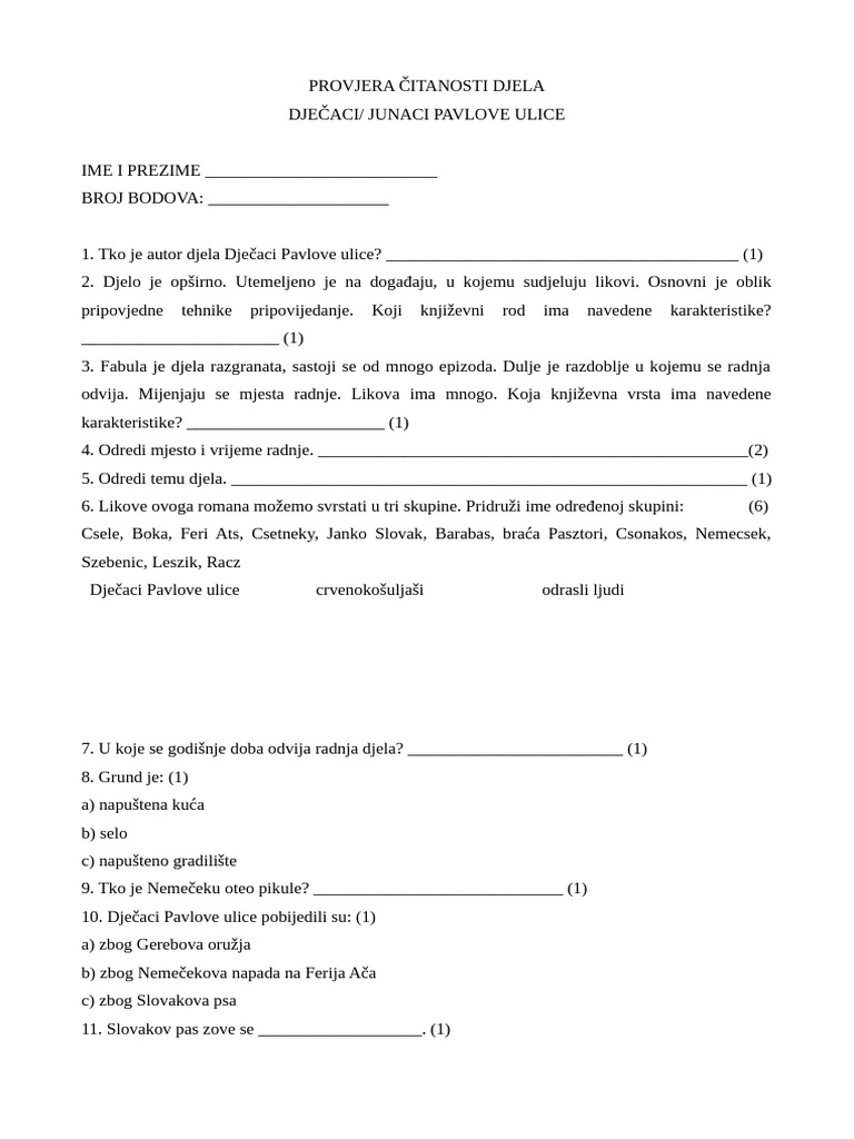 Junaci Pavlove Ulice-Provjera Čitanosti | PDF