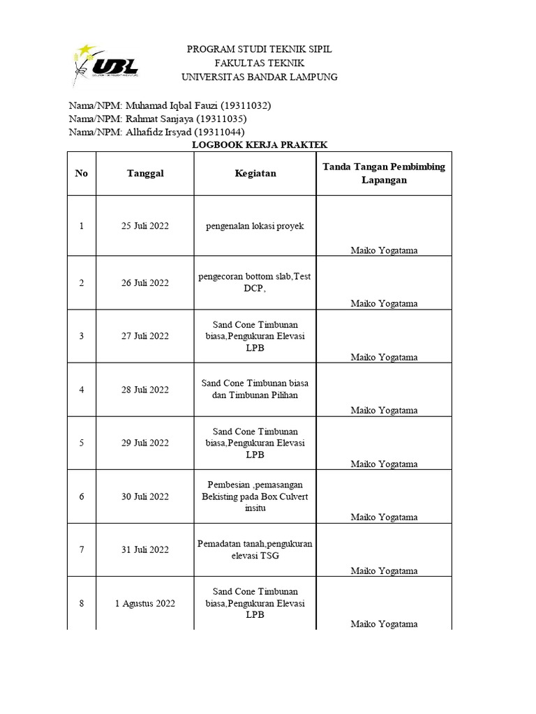 Logbook Kerja Praktek Teknik Sipil | PDF
