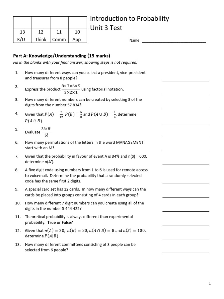 1696603503-MDM4U - Unit 3 Introduction To Probability | PDF | Sampling (Statistics) | Probability