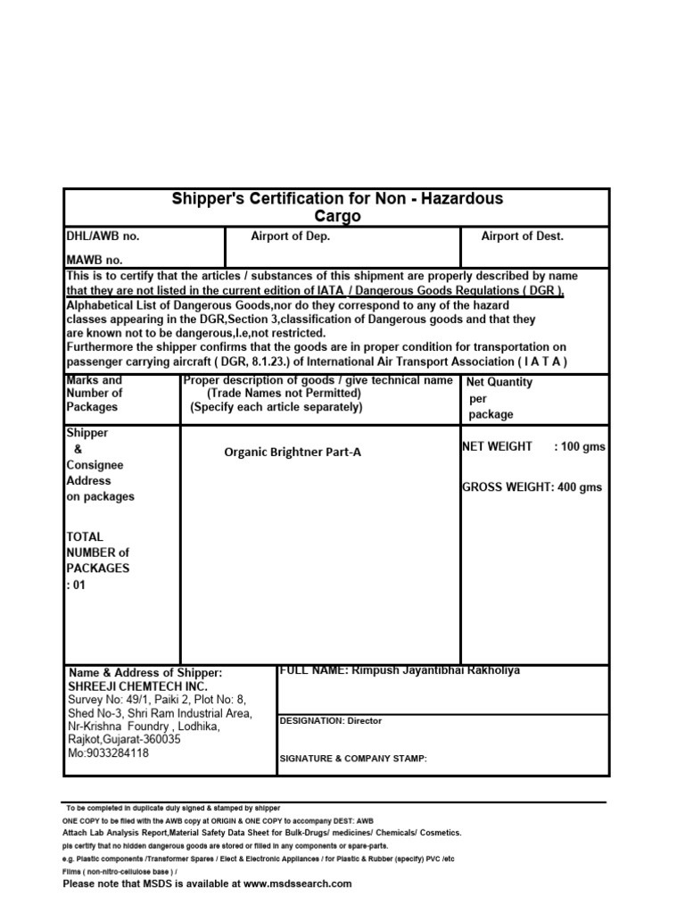 Non DG Declaration | PDF | Dangerous Goods | Safety