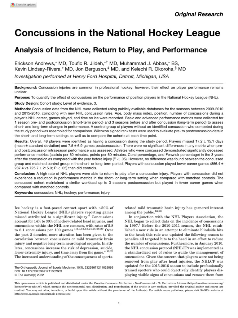Andrews Et Al 2022 Concussions in The National Hockey League Analysis ...