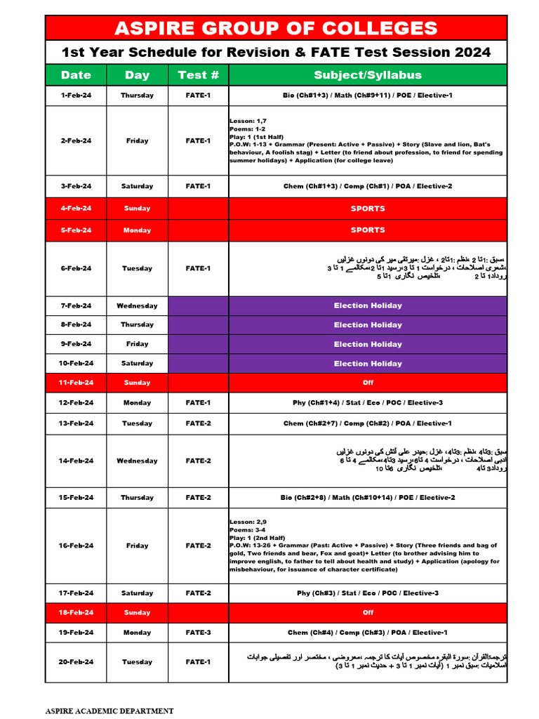 2024 1st Year Revision & FATE Schedule | PDF