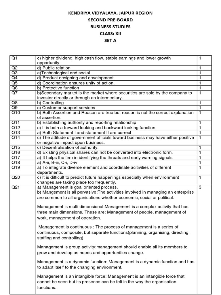 Class XII Business Studies Pre-Board Set A | PDF | Business