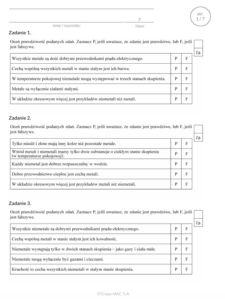 1.7. Metale I Niemetale - Test | PDF