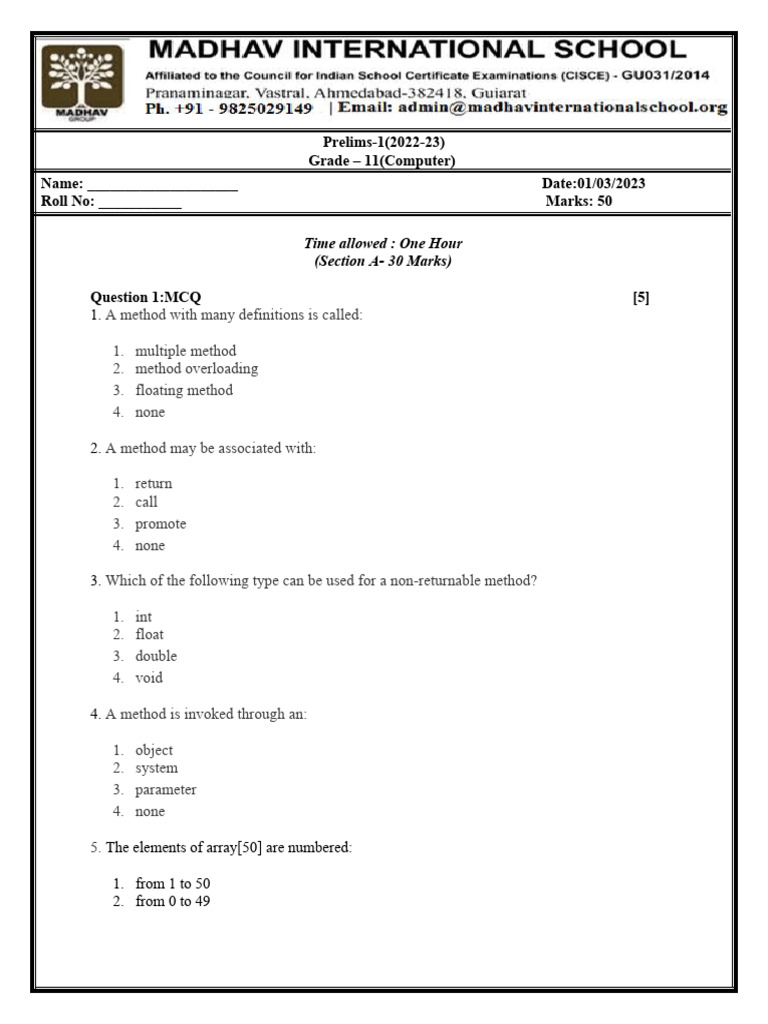 Second Semester Prelims Class 11 | PDF | Method (Computer Programming) | Parameter (Computer ...