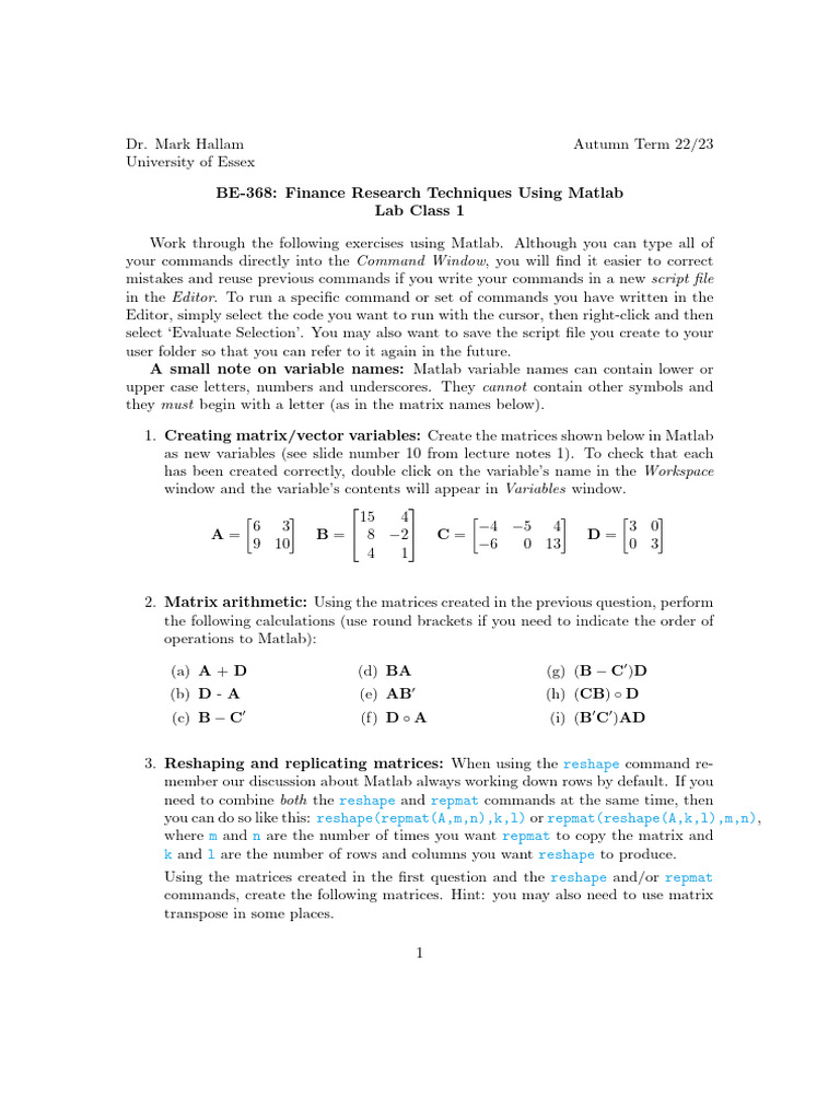 BE368 - Lab Class 1 | PDF | Matrix (Mathematics) | Matlab