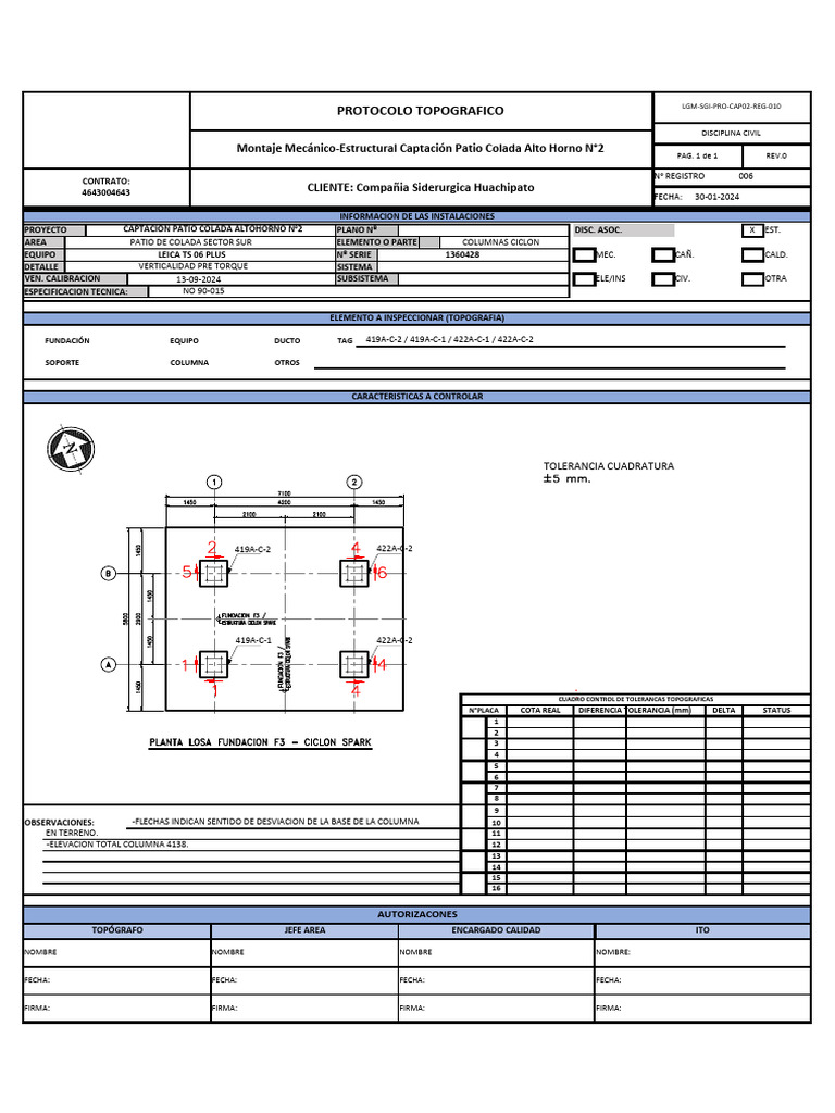 Protocolo 006 Pre Torque Verticalidad Ciclon | PDF
