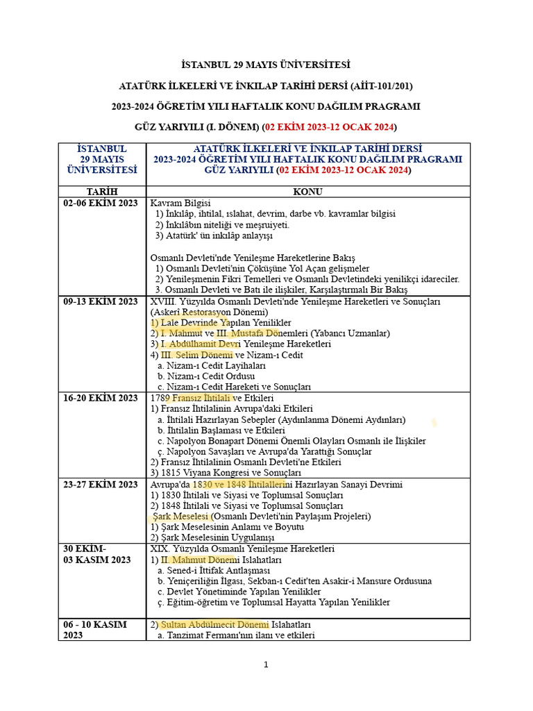 2023-2024 İnk Tar Müfredati I. Dönem | PDF