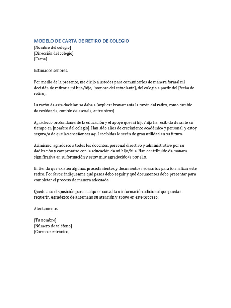 Modelo de Carta de Retiro de Colegio | PDF