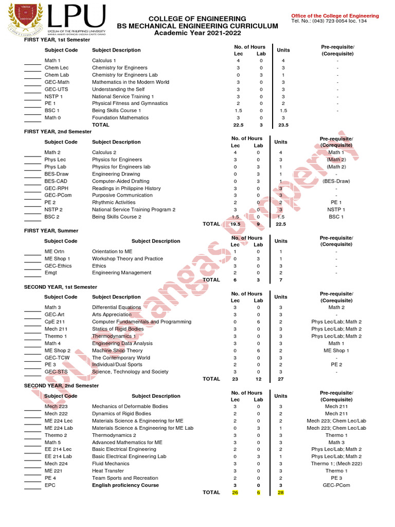 Semestral Bsme Cur 21 22 Final | PDF | Engineering | Mathematics