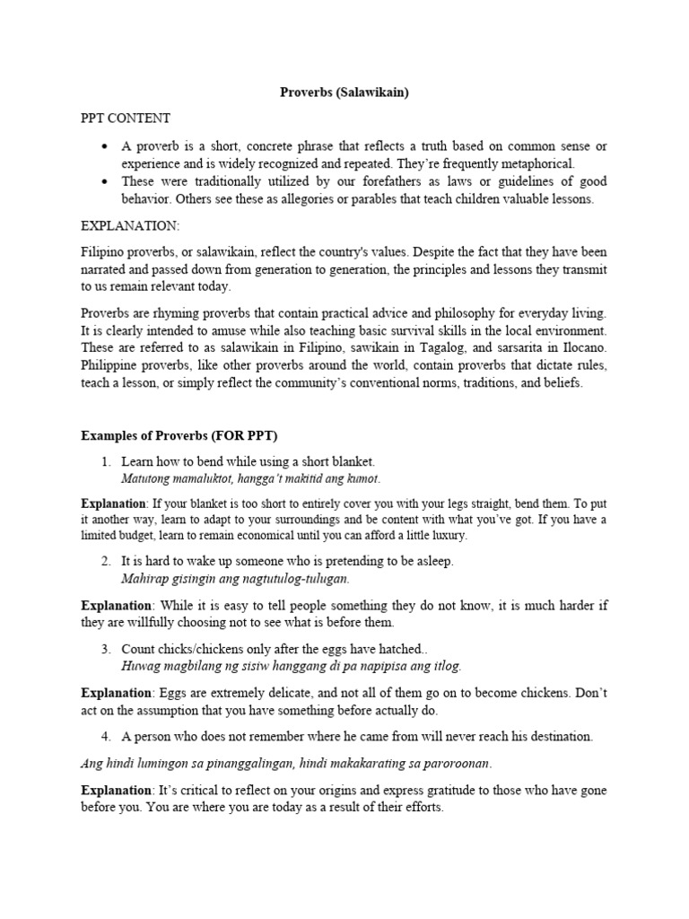 Filipino Proverbs: Wisdom & Values | PDF | Proverb | Cognition