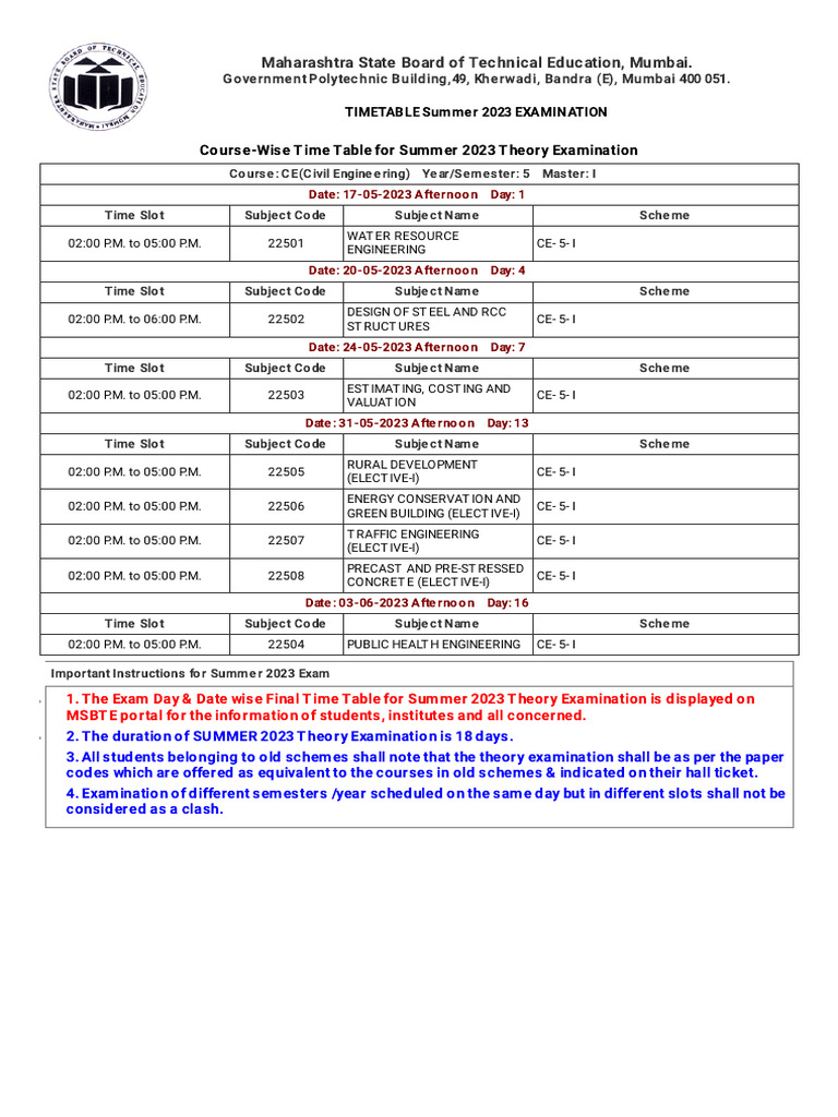 CE 5th Semester Summer 2023 Exam Timetable | PDF