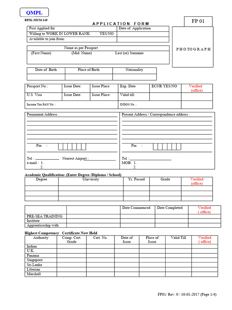 FP 01 Application Form For New Recruits | PDF