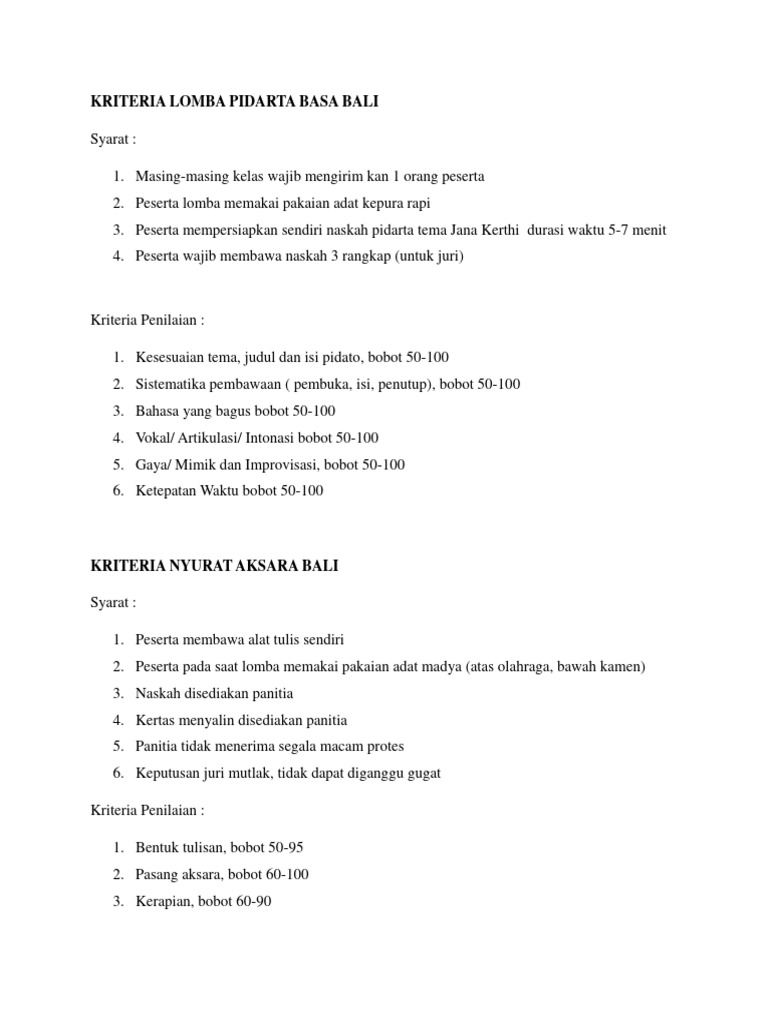 Kriteria Lomba Bulan Basa Bali | PDF