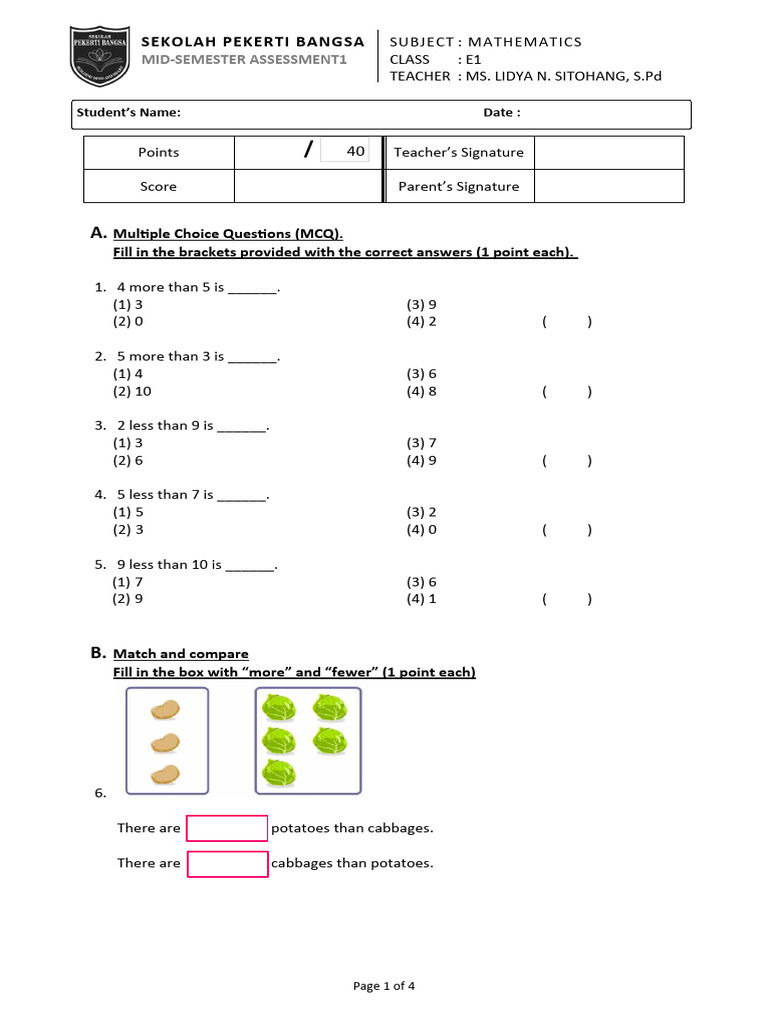 Math E1 MID Assesment | PDF | Multiple Choice | Science