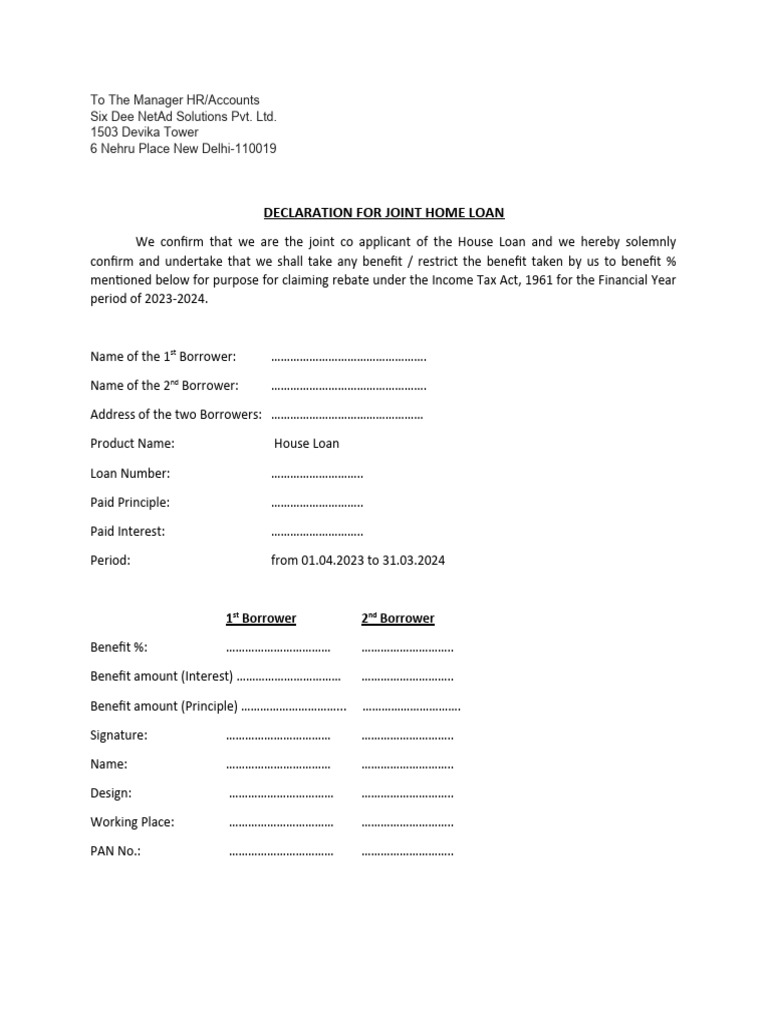 Joint Home Loan Tax Declaration | PDF