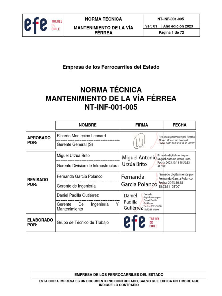 NT-INF-001-005 - Mantenimiento de La Vías Ferrea RF | PDF | Transporte ferroviario ...